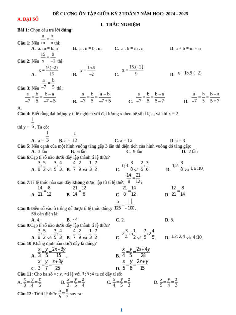 De Cuong On Tap Giua HK2 Toan 7 Nam 24 25 | PDF