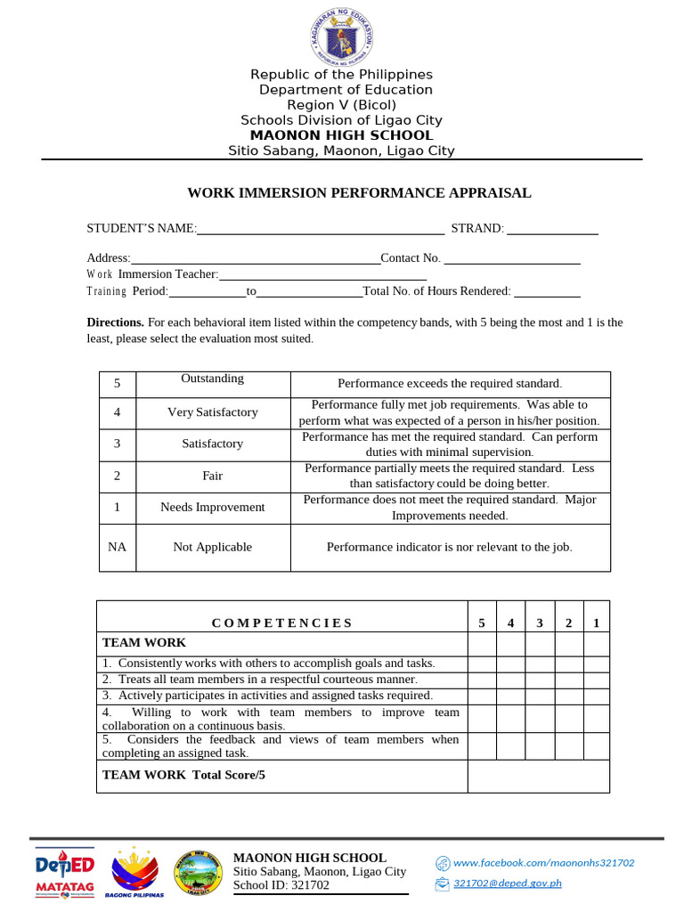 WORK IMMERSION APPRAISAL FORM | PDF | Performance Appraisal | Judgment (Law)