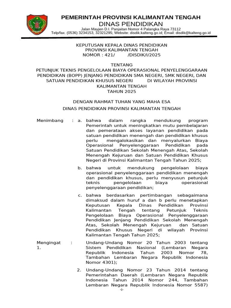 Konsep Juknis Bopp 2025 Kalteng | PDF