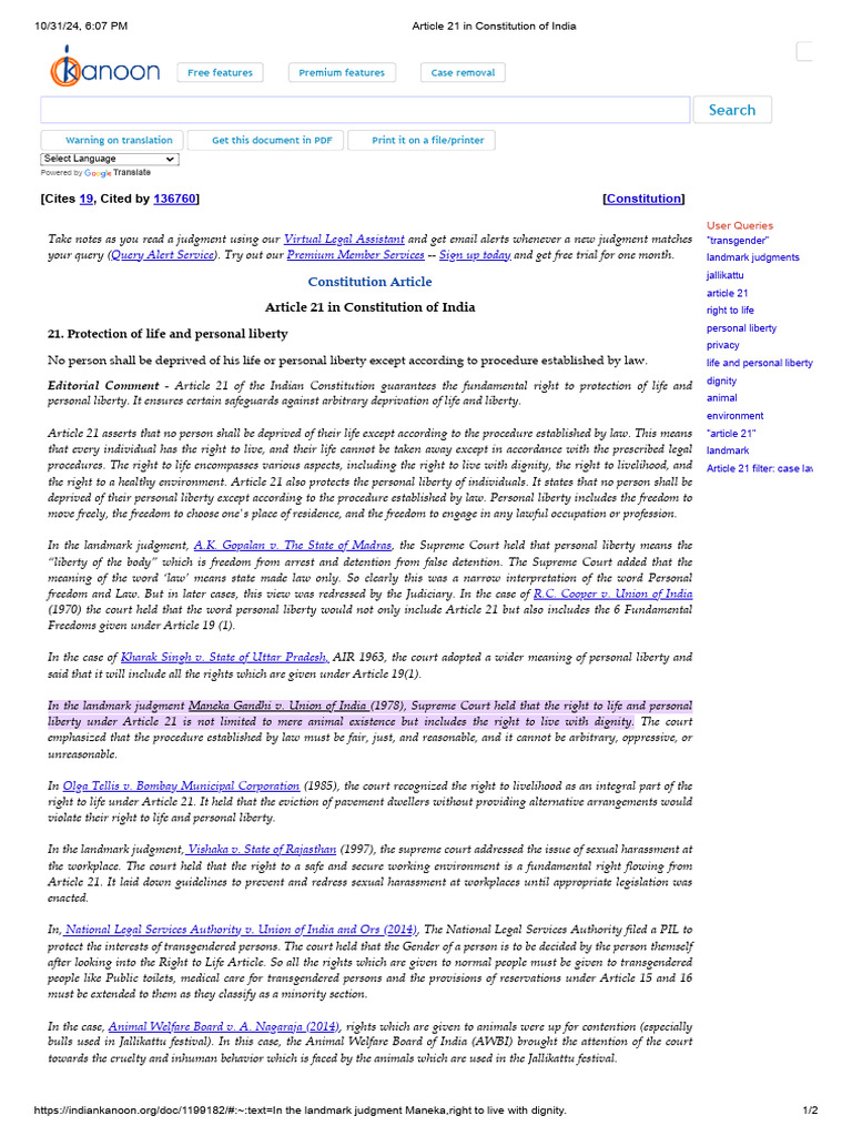Article 21 in Constitution of India RIGHT TO LIVE WITH DIGNITY | PDF ...