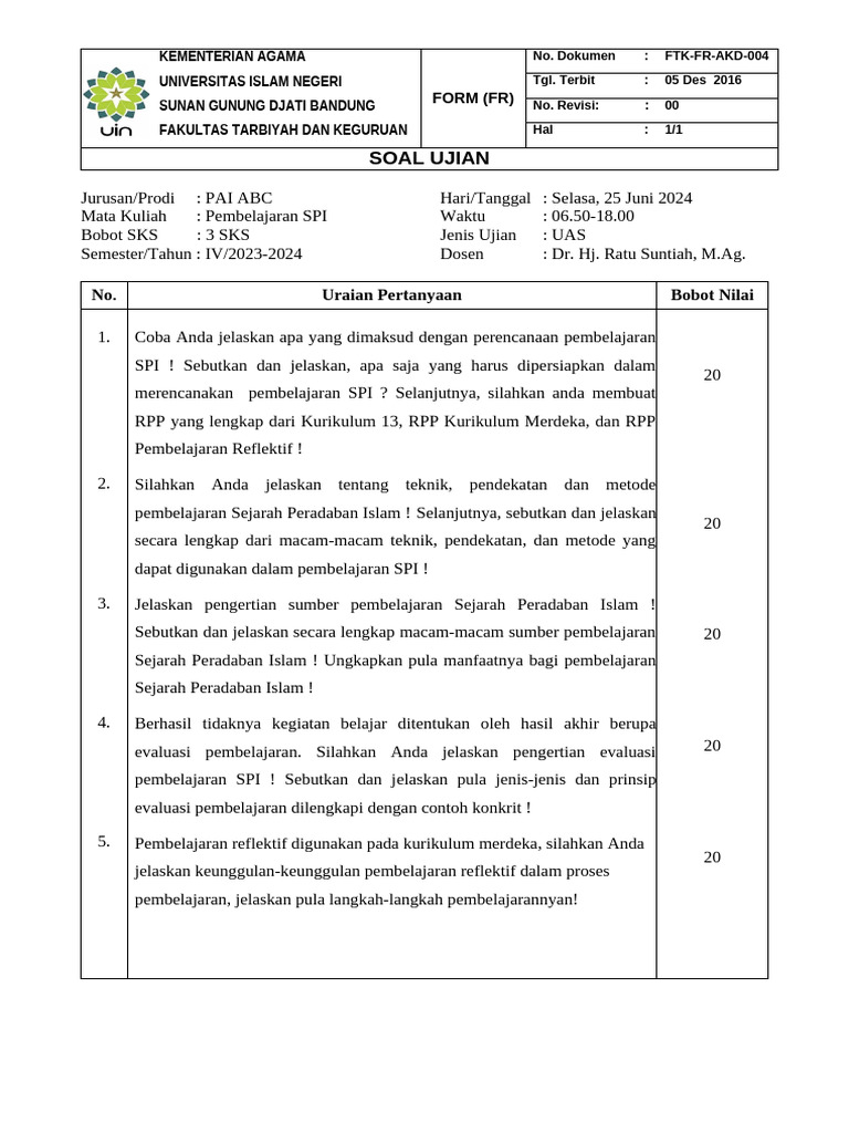 019 Form Soal UAS Pemb SPI - PAI IV ABC | PDF