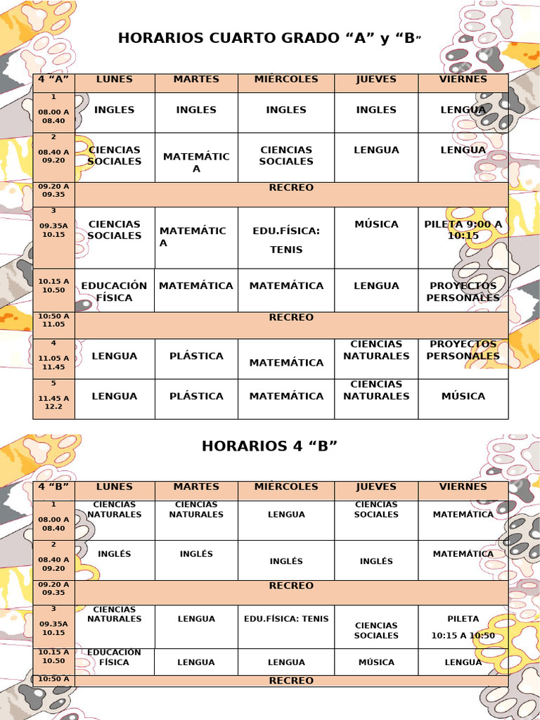 Horarios Clases Cuarto Grado A y B | PDF