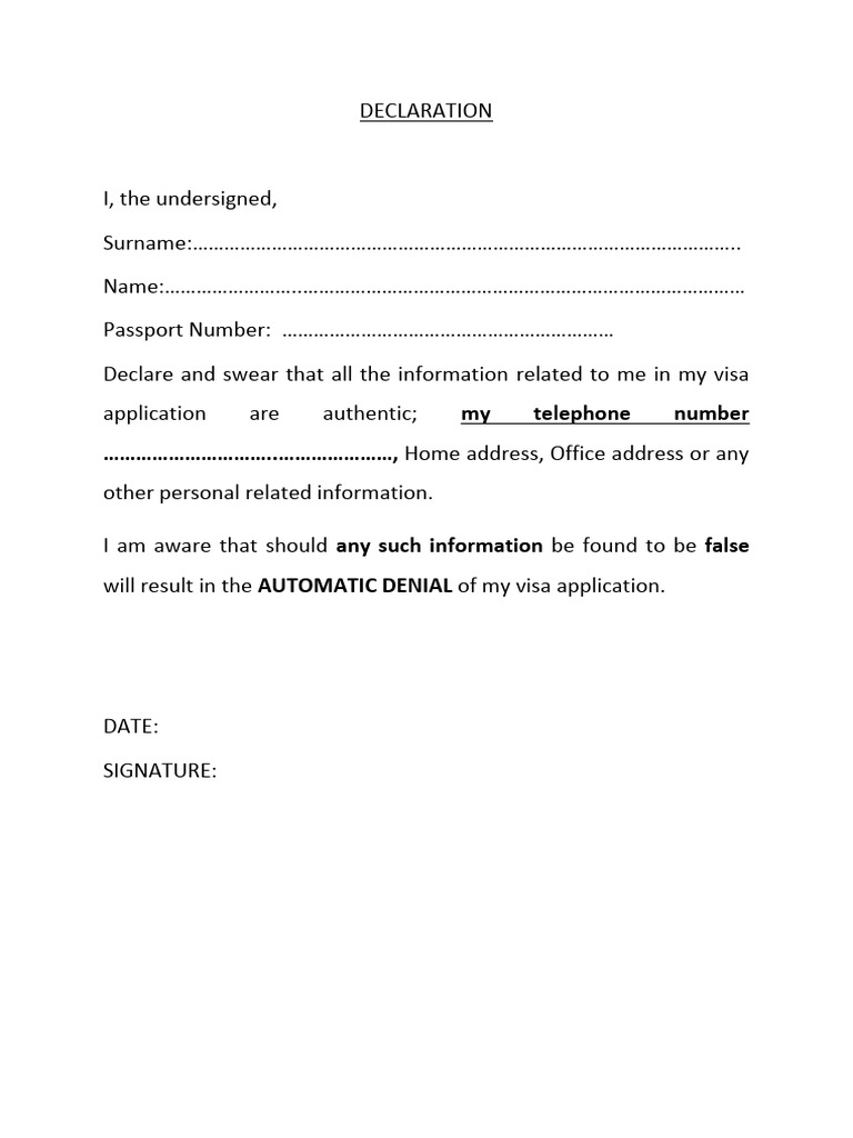 Visa Application Declaration Form | PDF