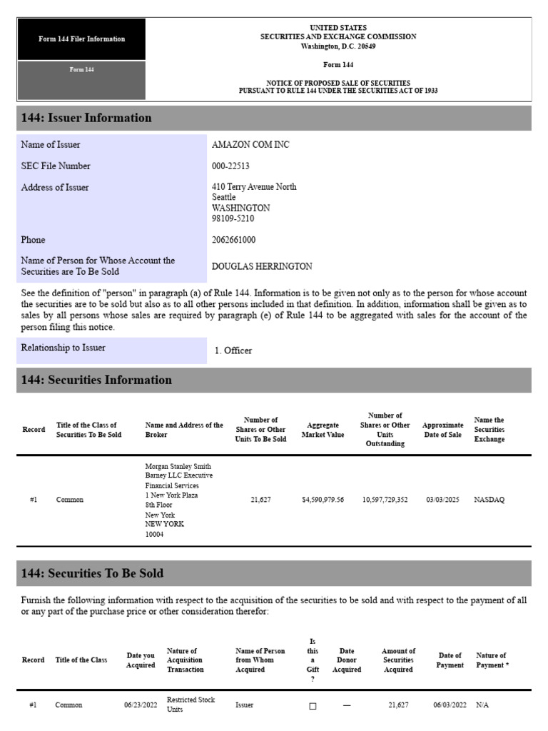Form 144: Amazon Securities Sale Notice | PDF | Securities (Finance ...