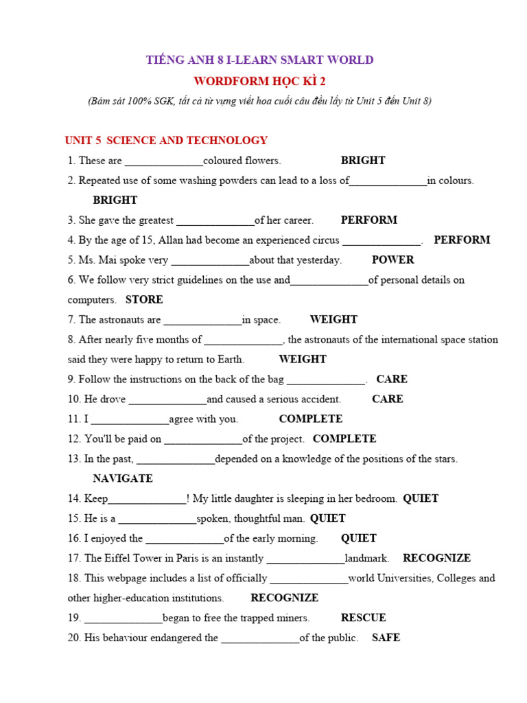 HK2 - 100 CÂU WORDFORM - TA8 ILSW - BÀI TẬP LÀM THÊM | PDF