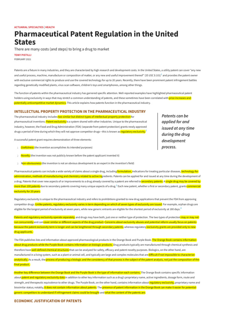 Pharmaceutical Patent Regulation in The United States - The Actuary ...