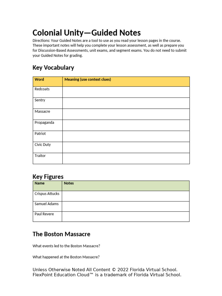 Colonial Unity Guided Notes | PDF