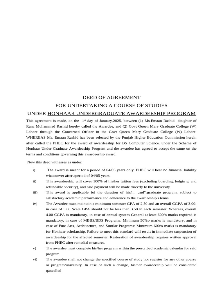 Honhaar Scholar Ship Filling Emaan Rashid 06-01-2025 | PDF | Guarantee ...