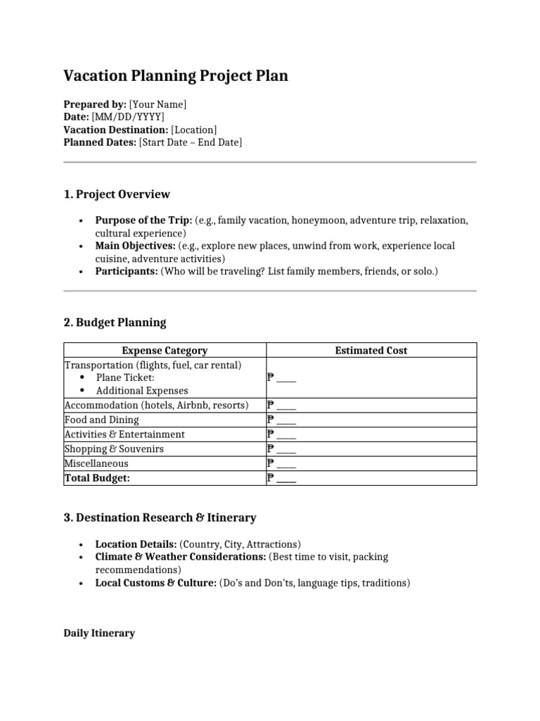 MT PROJECT IN MAJ HE 202 Vacation Planning Project Plan | PDF