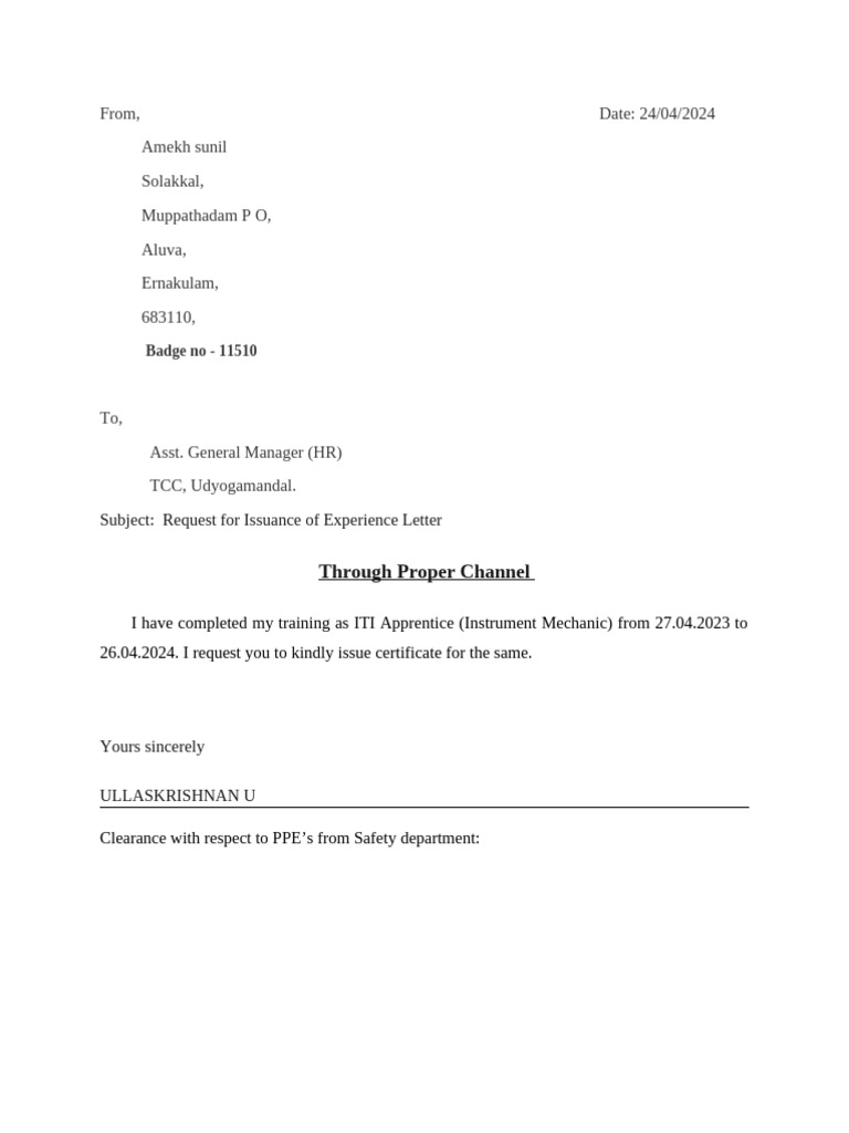 Request for ITI Apprentice Experience Letter | PDF