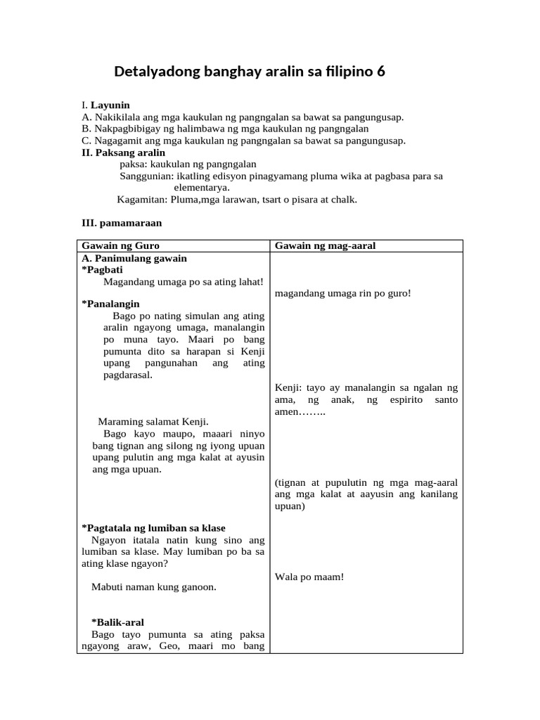 Detayadong Banghay Aralin Sa Filipino 6 | PDF