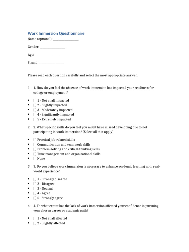 Work Immersion Questionnaire | PDF