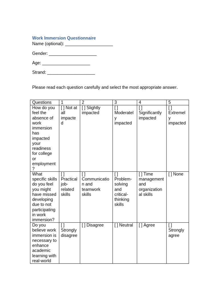 Work Immersion Questionnaire Table | PDF
