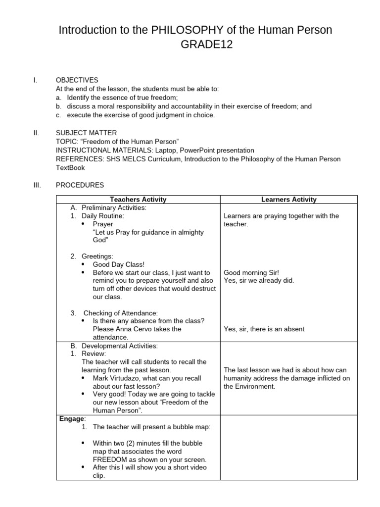 Larry Lesson Plan Cot2 Final | PDF | Free Will | Teachers