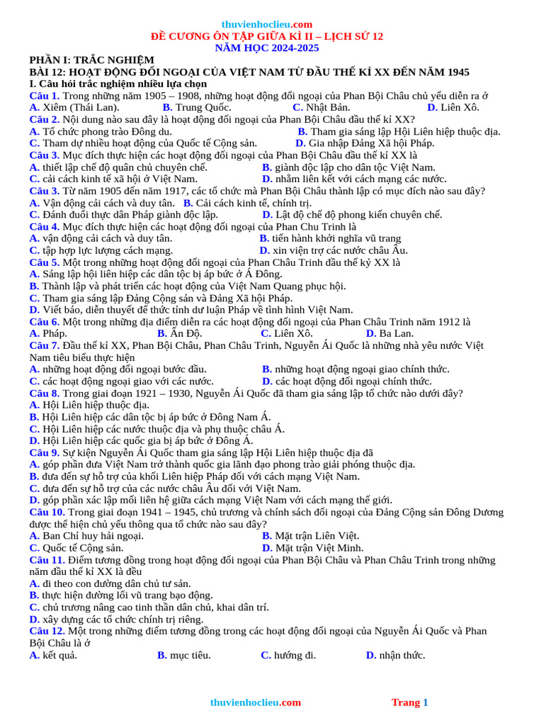 De Cuong Tap Giua HK2 Lich Su 12 Canh Dieu 24 25 | PDF