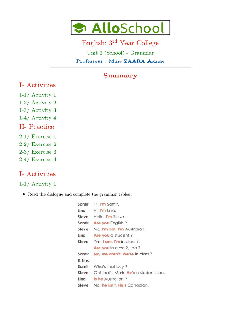 Unit 2 School Grammar 2 | PDF