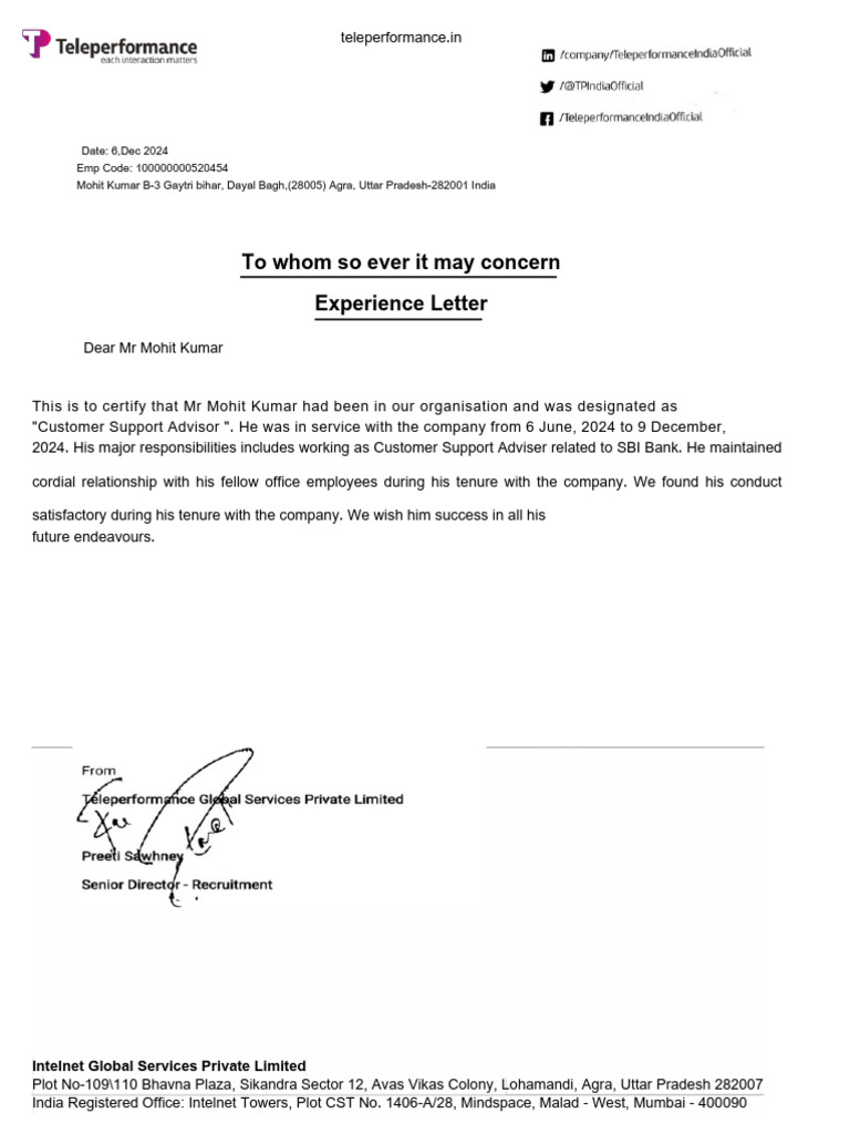 Teleperformance Experience Letter PDF | PDF