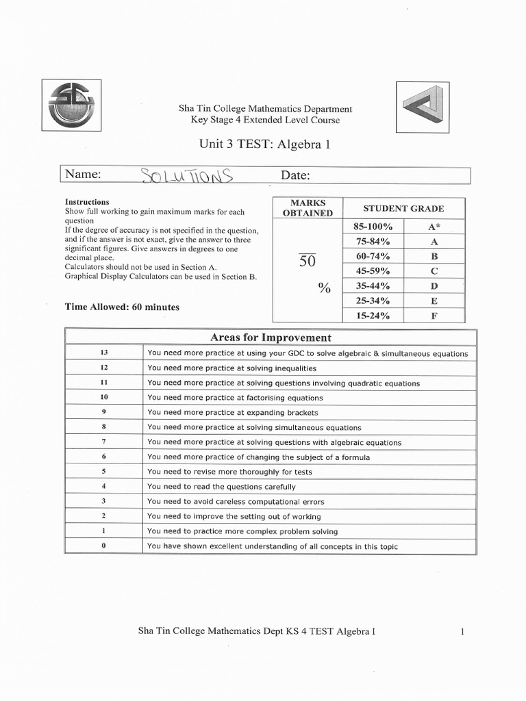 SOLUTIONS To (GRP 3-6) Unit 3 Algebra I - Extended Test | PDF