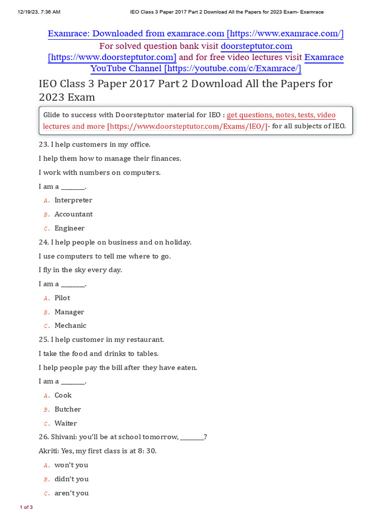 Doorsteptutor IEO Class 3 Review | PDF