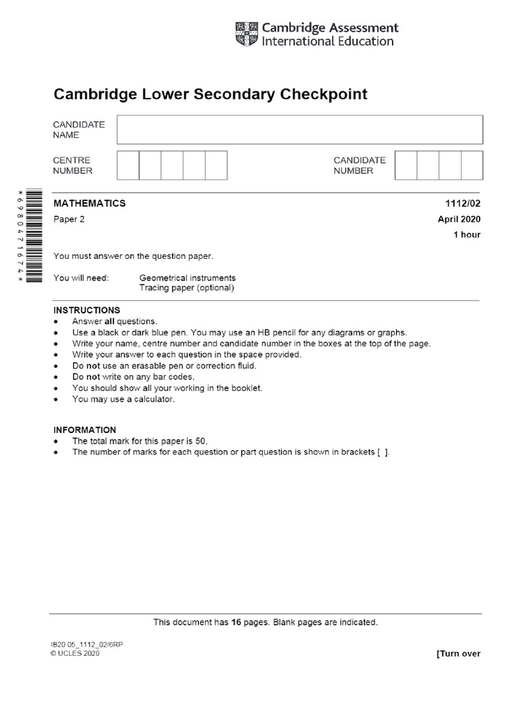 Cambridge Checkpoint Math Exam Paper (Middle School) | PDF