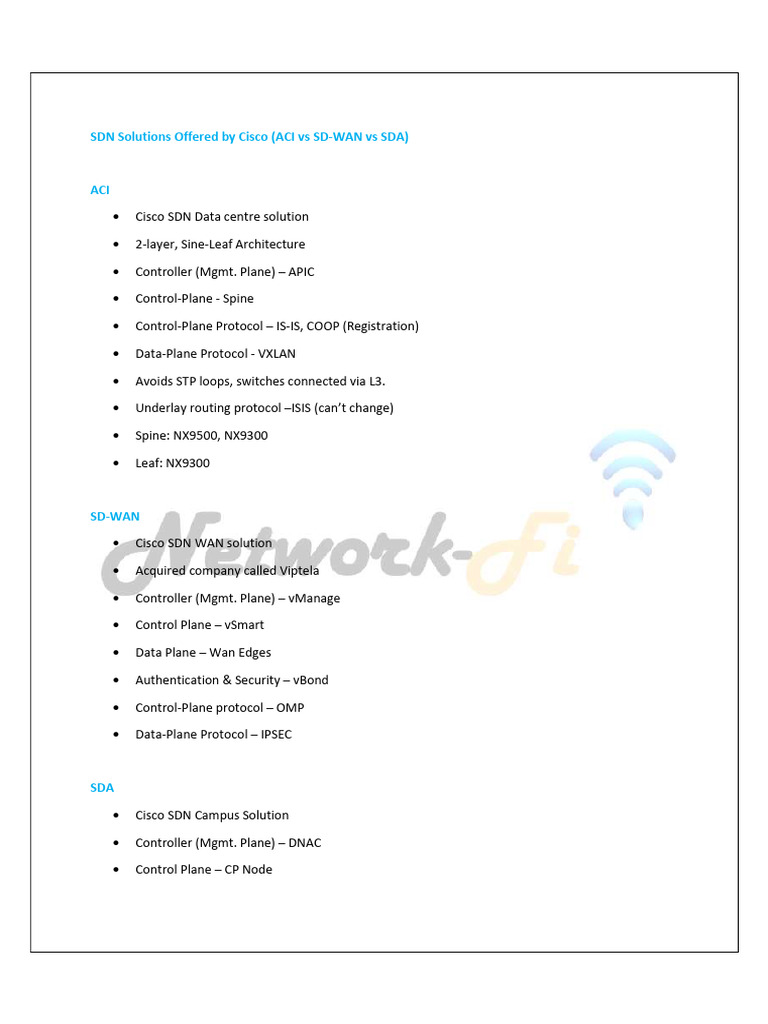 SDN Solutions (ACI Vs SD-WAN Vs SDA) | PDF