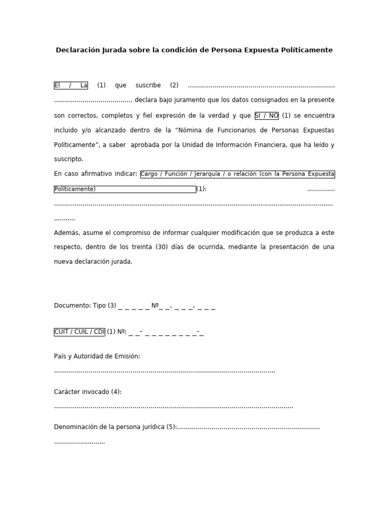 Declaración Jurada Sobre La Condición de Persona Expuesta Políticamente | PDF