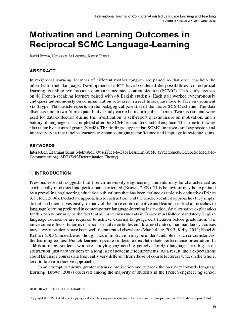 2016 - Motivation and Learning Outcomes in Reciprocal SCMC Language-Learning | PDF | Learning ...