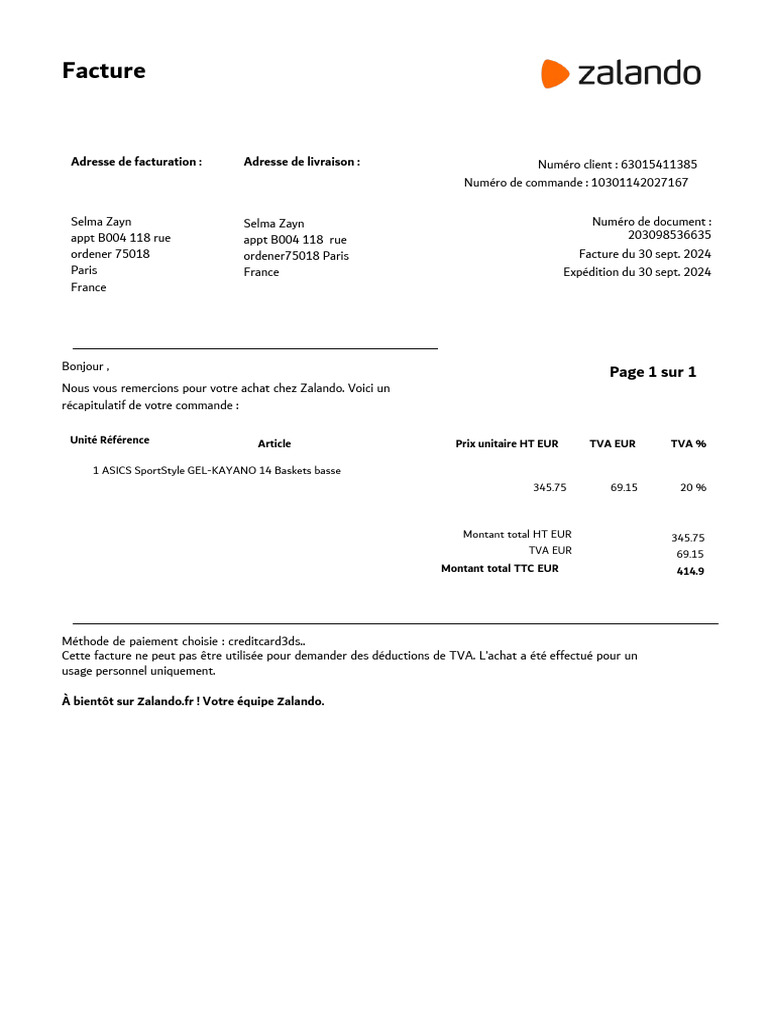 Facture ASICS Gel-Kayano 14 - Zalando | PDF