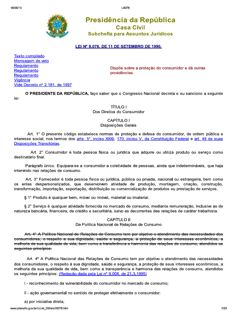 Lei 1990 8078 Proteçao Consumidor | PDF