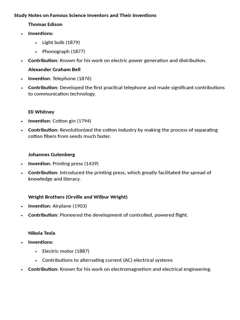 Study Notes On Famous Science Inventors and Their Inventions | PDF