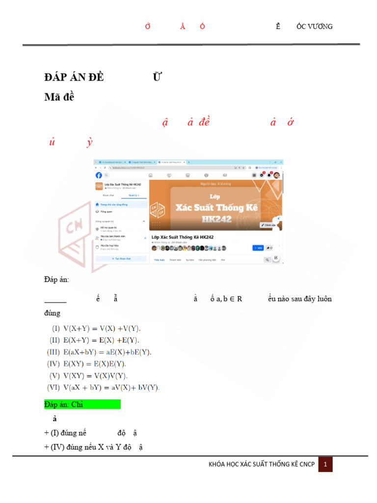 Giải Đề Giữa Kỳ XSTK HK241 | PDF