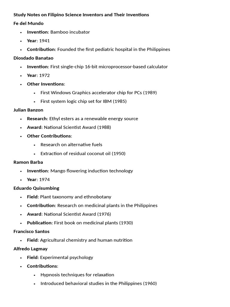 Study Notes on Filipino Science Inventors and Their Inventions | PDF