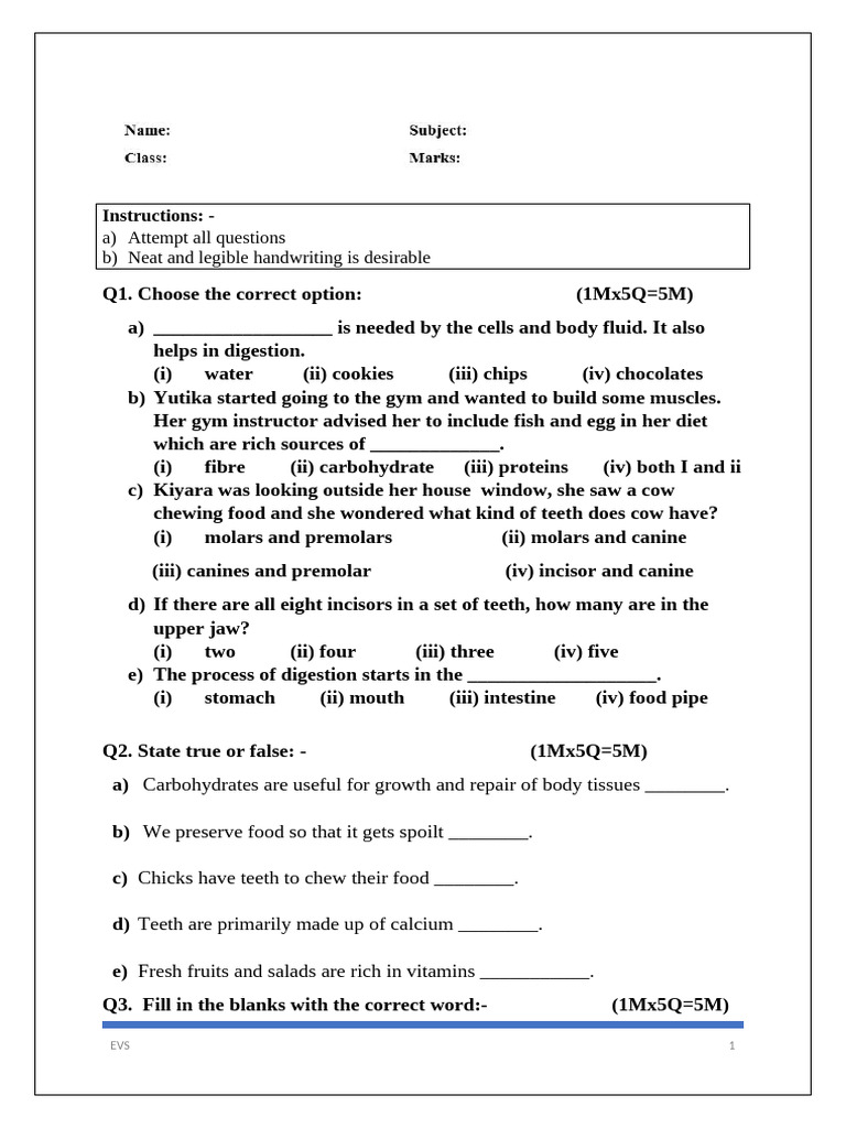 EVS CT2 Question Paper Class 3 | PDF | Tooth | Foods