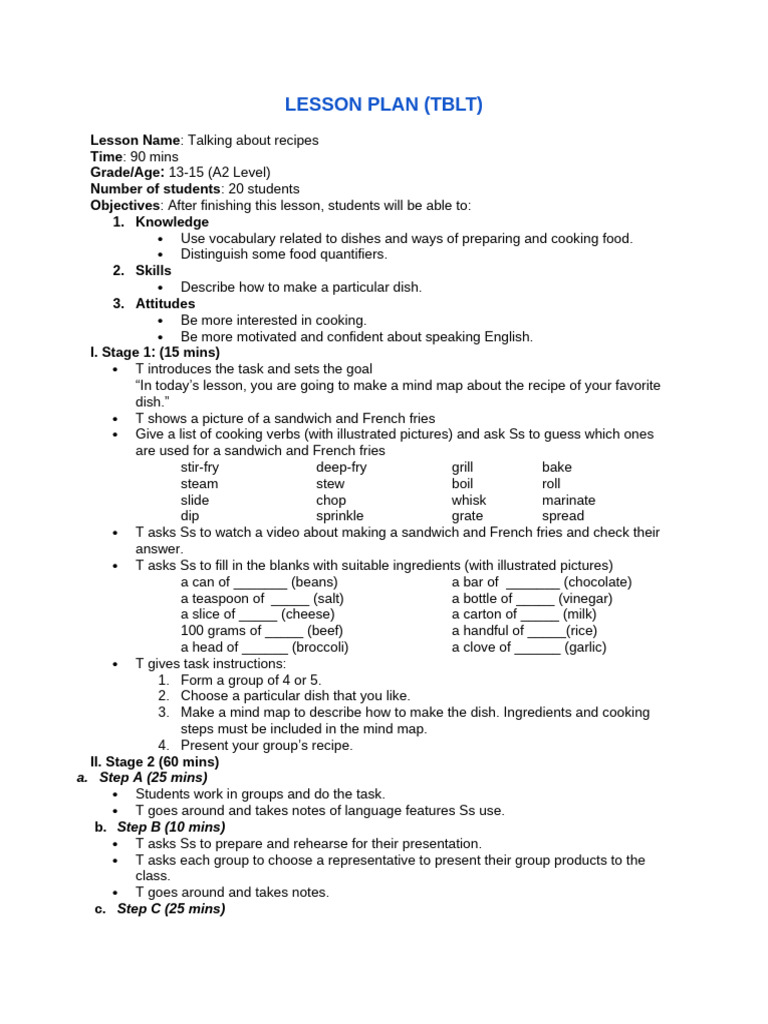TBLT - Lesson Plan For Discussion | PDF | French Fries | Foods