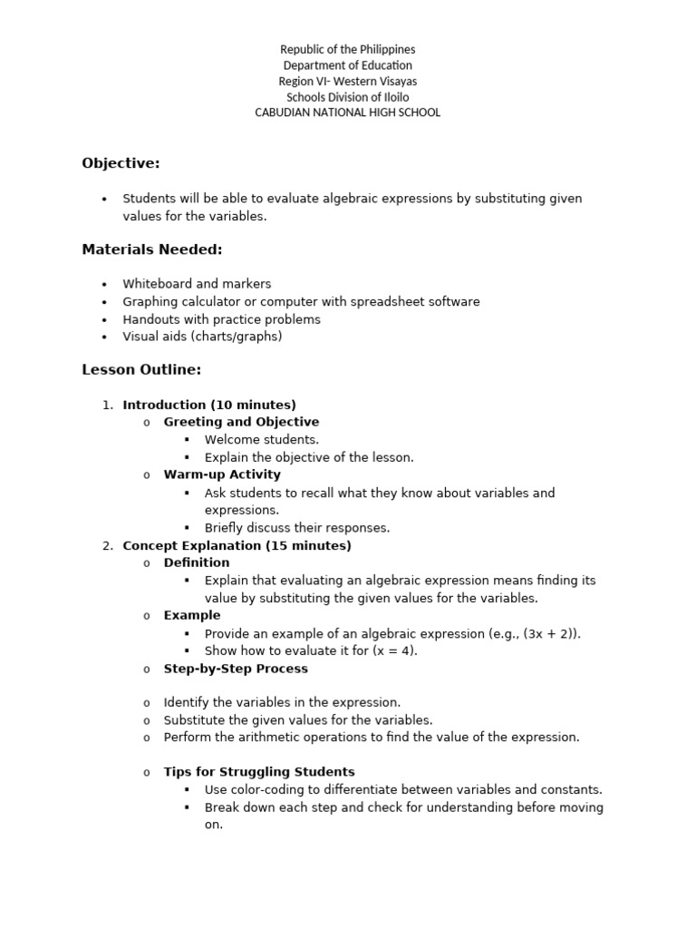 Evaluating Algebraic Expressions Lesson | PDF | Learning