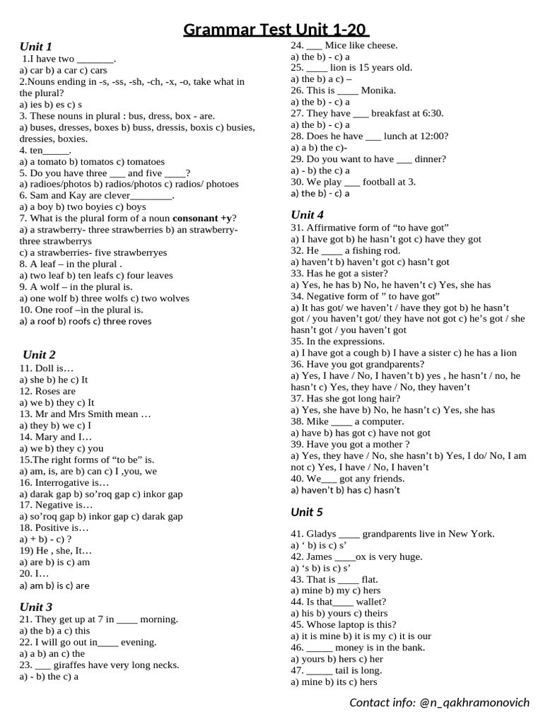 Grammar Test Units 1-20 | PDF | Syntax | Grammar