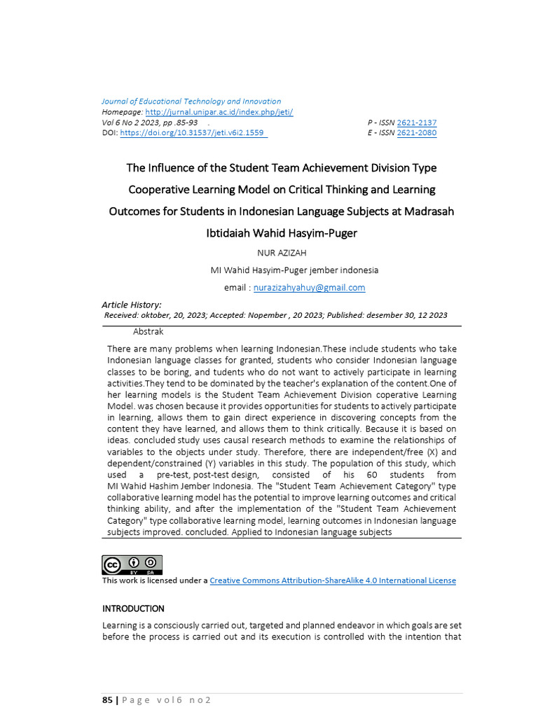 The Influence of the Student Team Achievement Division Type | PDF | Critical Thinking | Thought