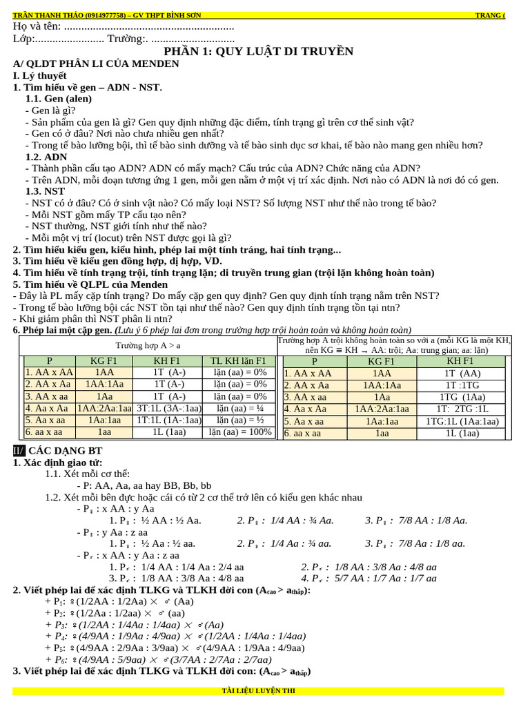 1 - - - - - QUY LUẬT PHÂN LI - PLĐL CỦA MENDEN - - - PHẦN BT QL PHÂN LI (PHẦN 1) | PDF