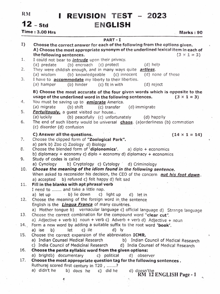 12th English 1st Revision Test 2023 Original Question Paper With Answer ...