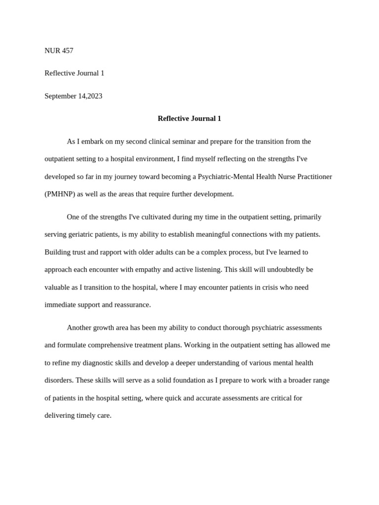NUR457 Reflective Journal 1 | PDF | Psychiatry | Hospital