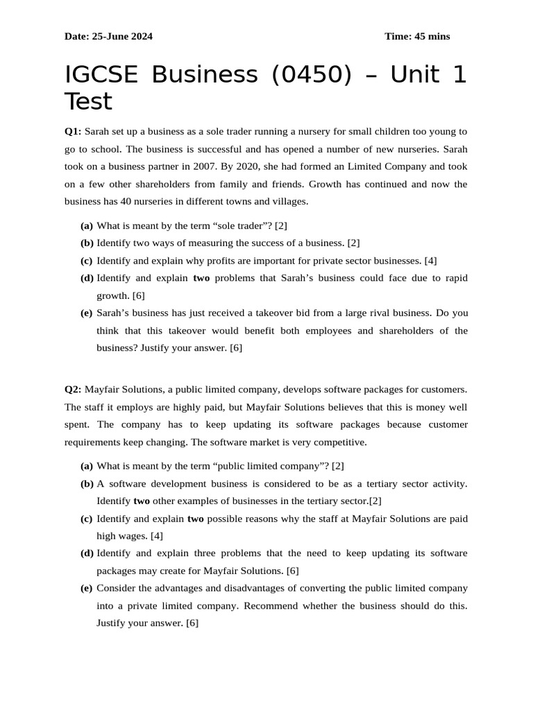 Unit 1 Business Activity Test Answers | PDF