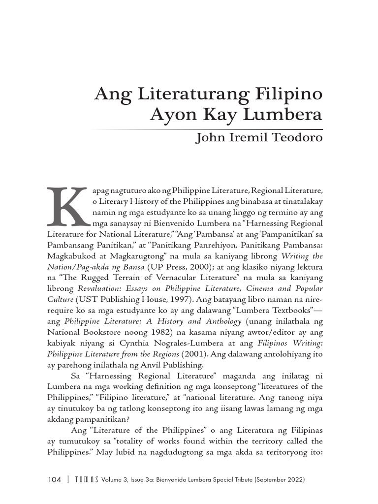 Ang Literaturang Filipino Ayon Kay Lumbera | PDF