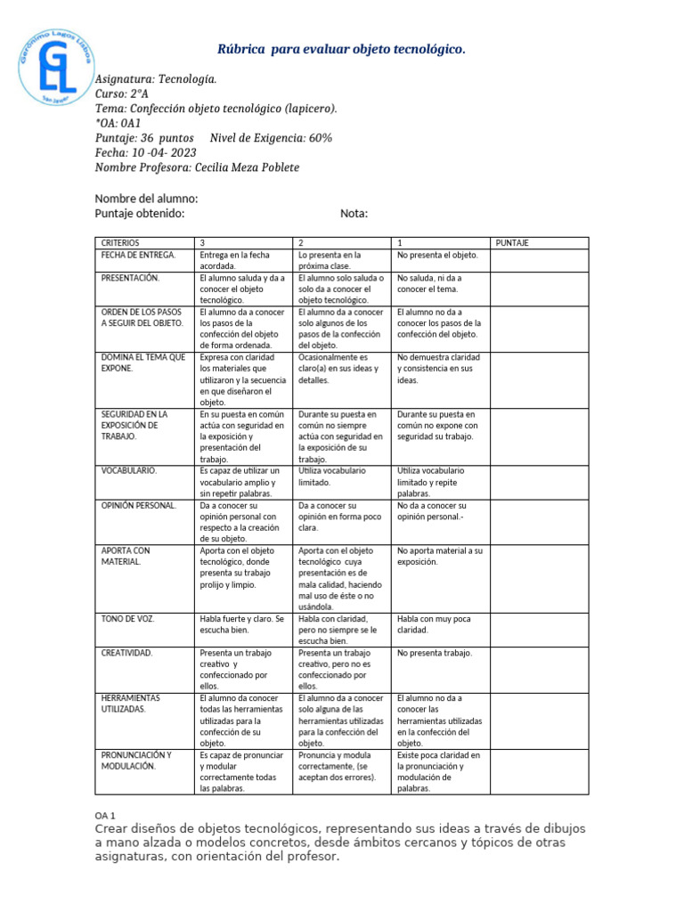 Rúbrica Objeto Tecnológico 2°A | PDF
