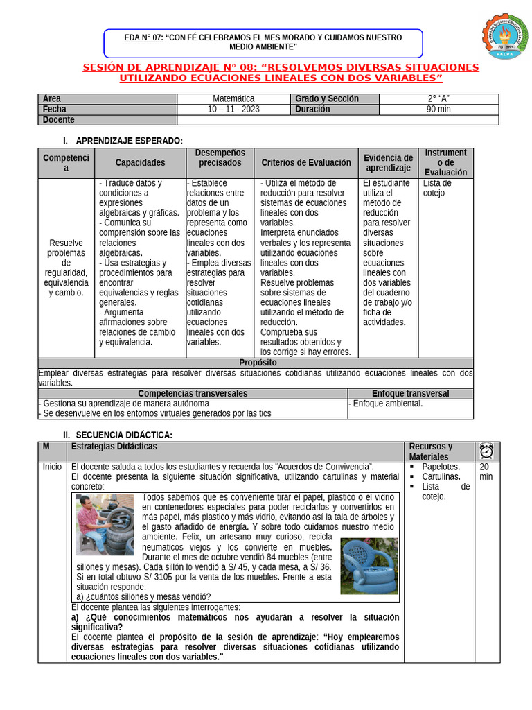2°-SESION 8 -EDA 7 | PDF | Ecuaciones | Sistema de ecuaciones lineales
