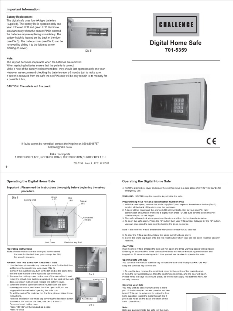 Digital Home Safe 101-5359 | PDF | Lock (Security Device) | Screw