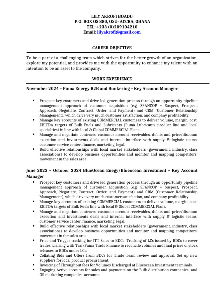 Lily Akrofi Boadu - CV - Nov 2024 | PDF | Marketing | Mergers And ...
