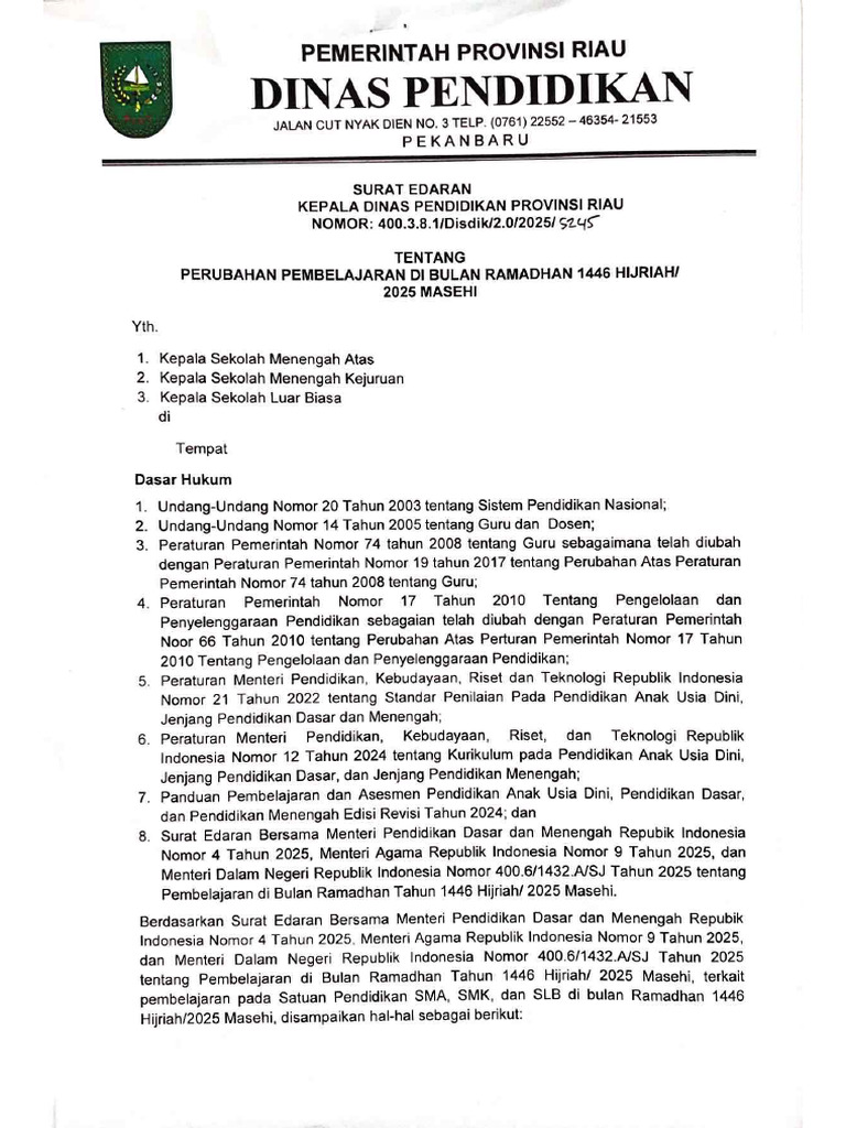 Surat Edaran Perubahan Pembelajaran Di Bulan Ramadhan TH 1446 H | PDF