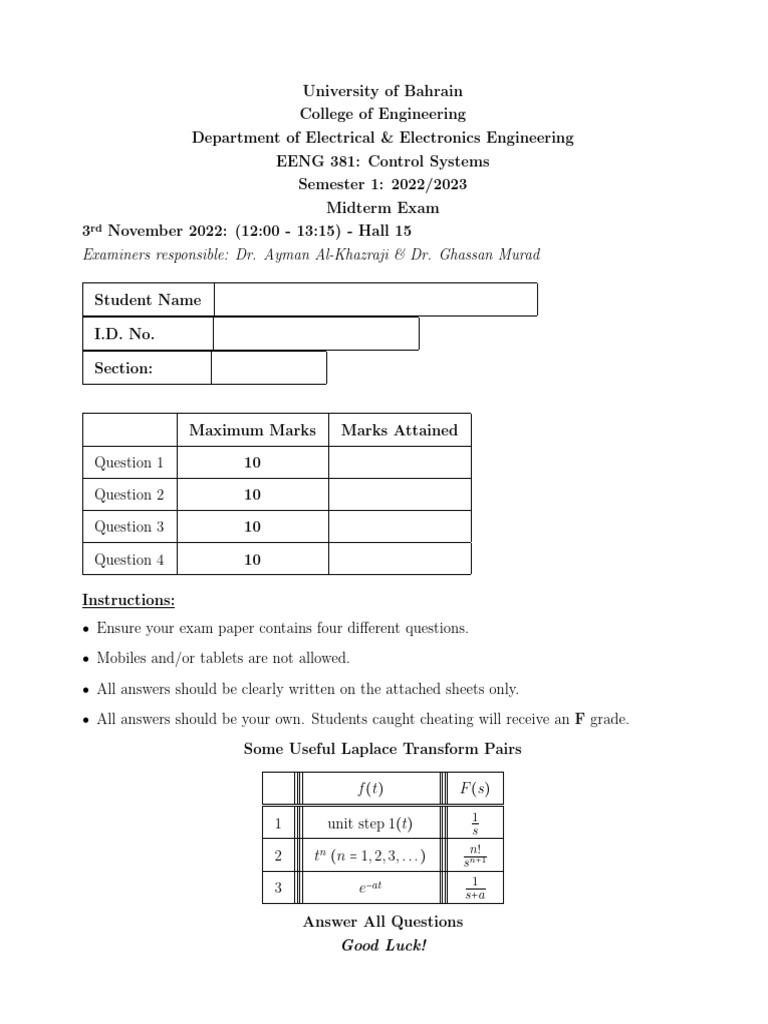 EENG 381 Control Systems Midterm Exam | PDF | Torque | Classical Mechanics