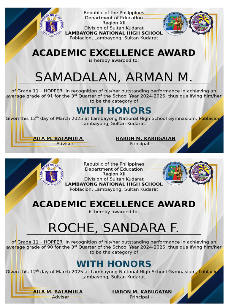3rd Quarter With Honors Certificate 3 | PDF | Philippines