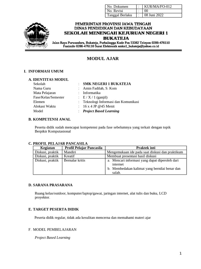 2 Form Modul Ajar Tik 2022 | PDF
